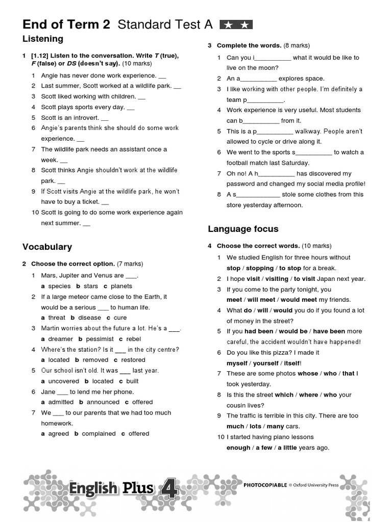 End of Term 2 Standard Test A | PDF | Vocabulary