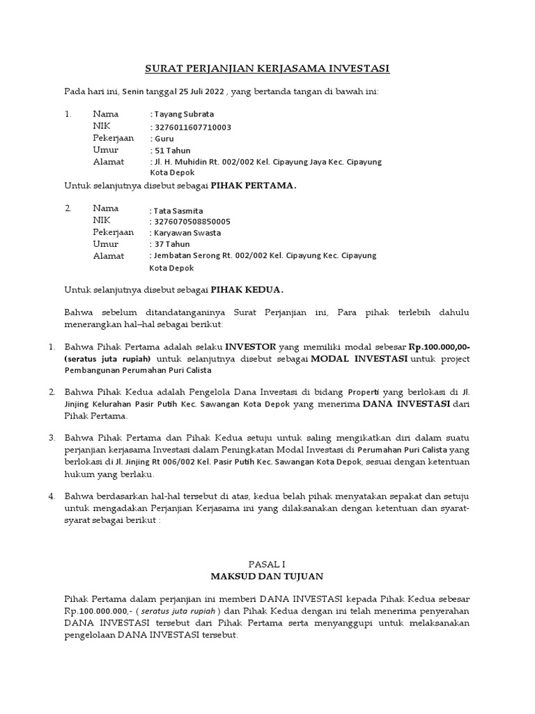 Surat Perjanjian Kerjasama Investasi | PDF