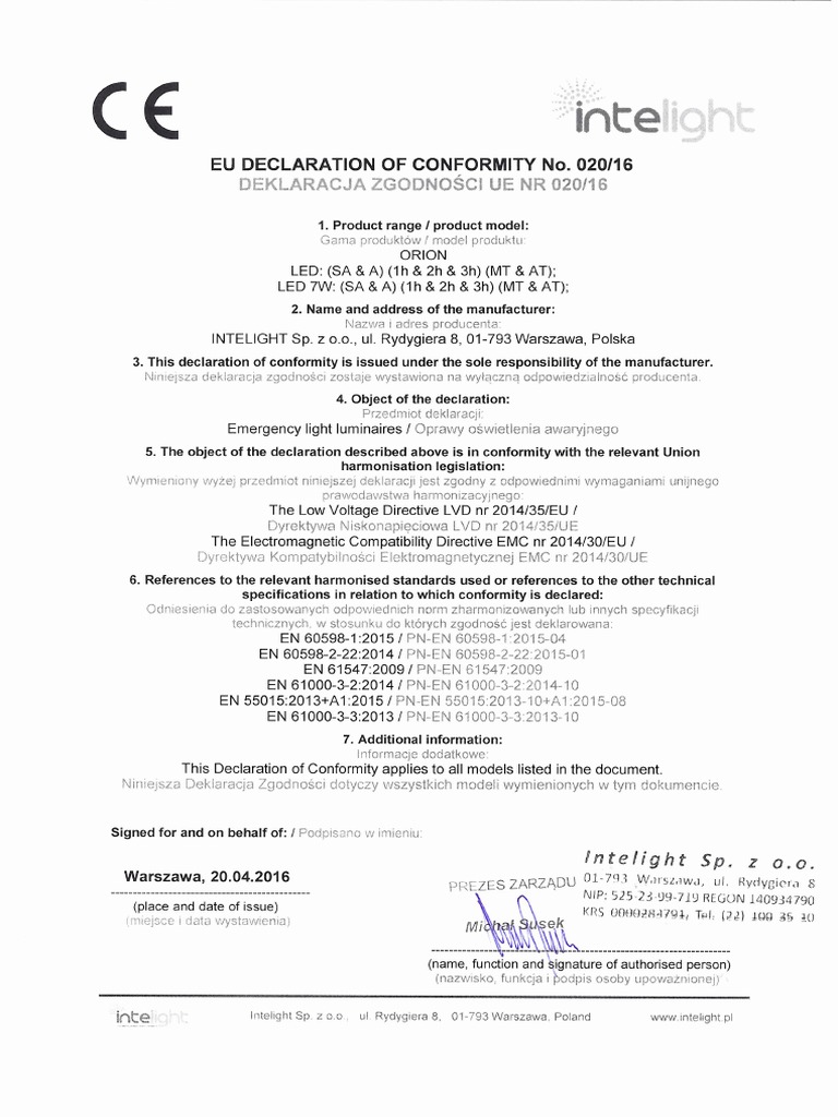 Declaratie-Conformitate-Lampa-Exit-Intelight 41628 | PDF