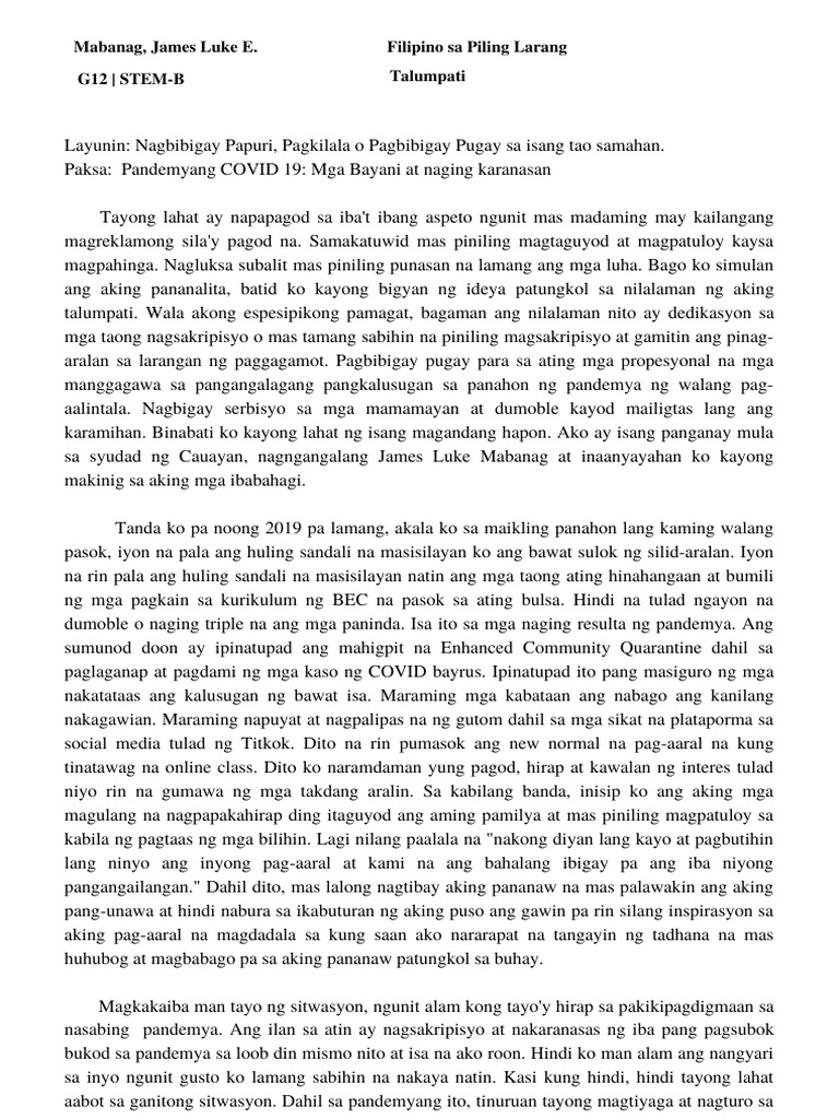 Mabanag, James Luke E. G12 - STEM-B Filipino Sa Piling Larang Talumpati | PDF