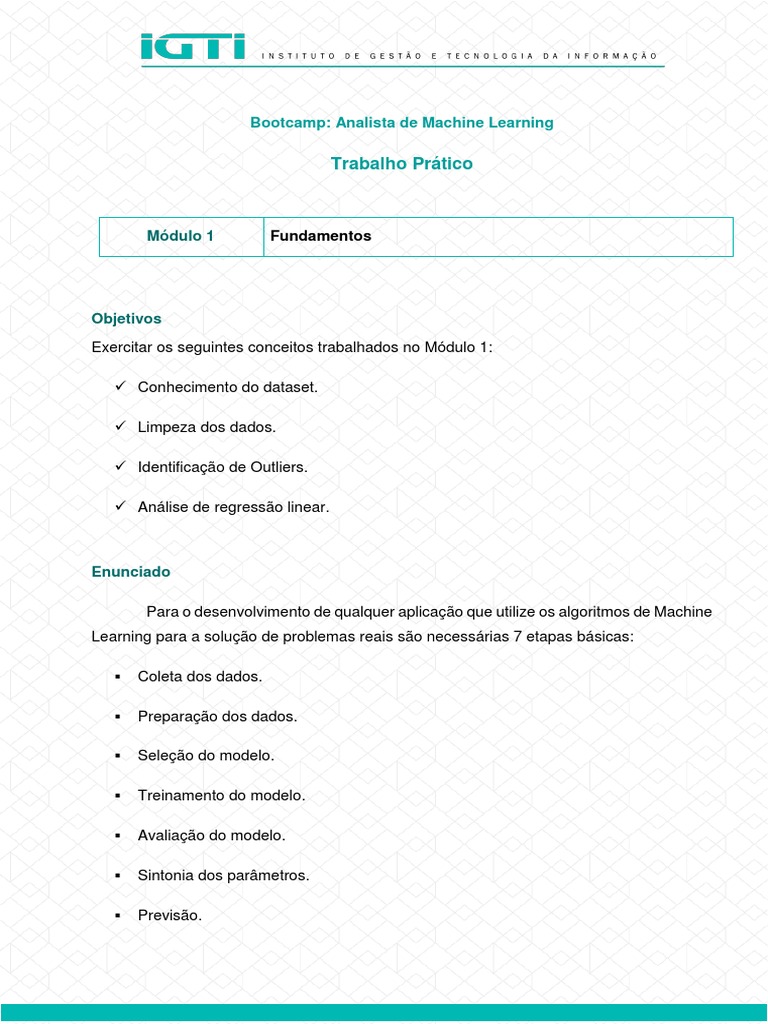 Enunciado Do Trabalho Prático - Módulo 1 - Machine Learning | PDF | Aprendizado de máquina ...