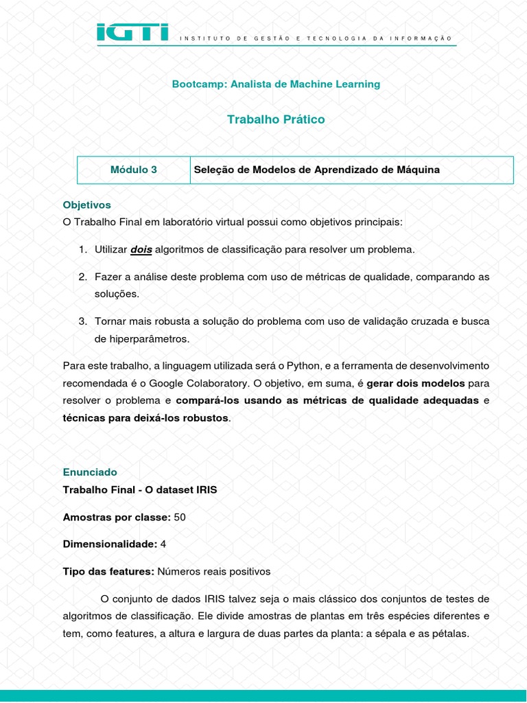Enunciado Do Trabalho Prático - Módulo 3 - Bootcamp Machine Learning | PDF | Aprendizado de ...