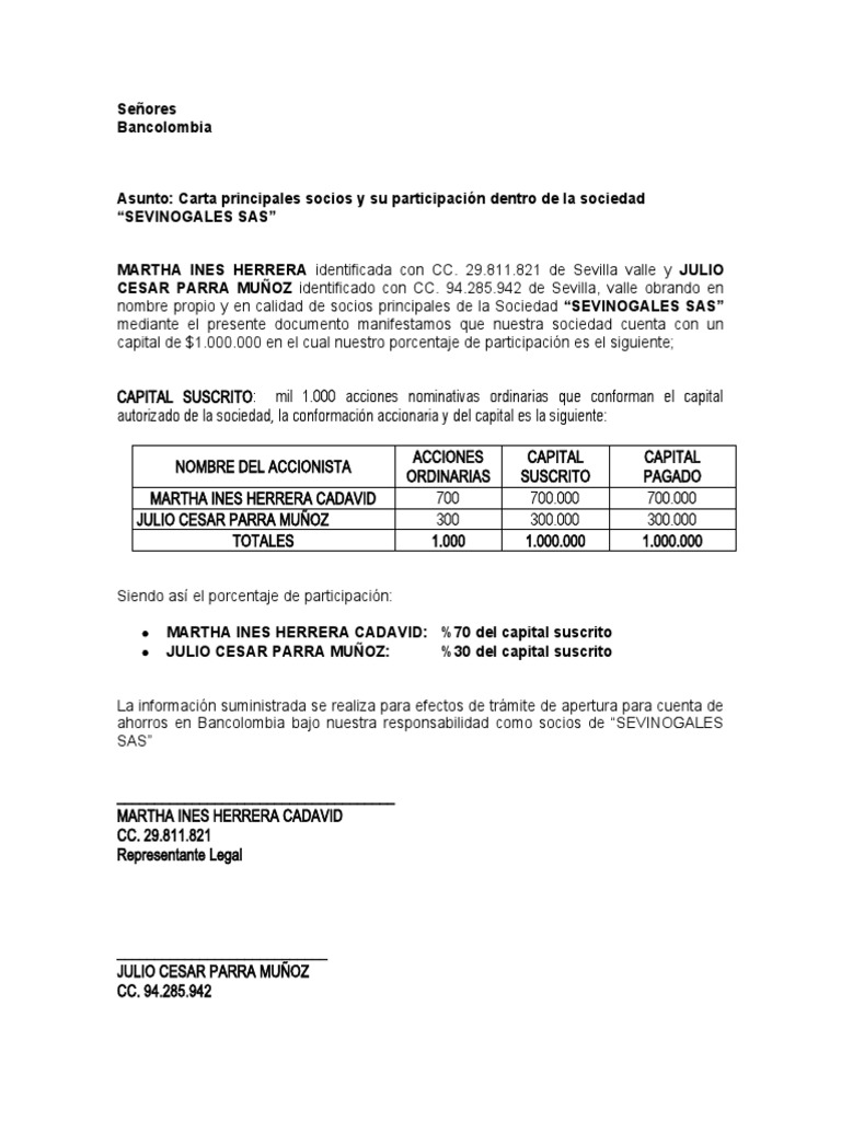 Carta Participacion Capital Social Sas | PDF | Finanzas y dinero