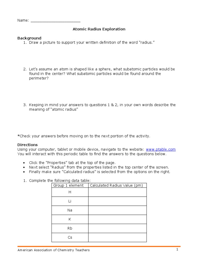 Activity Ptable Student Atomicradius | PDF | Atomic Nucleus | Atoms