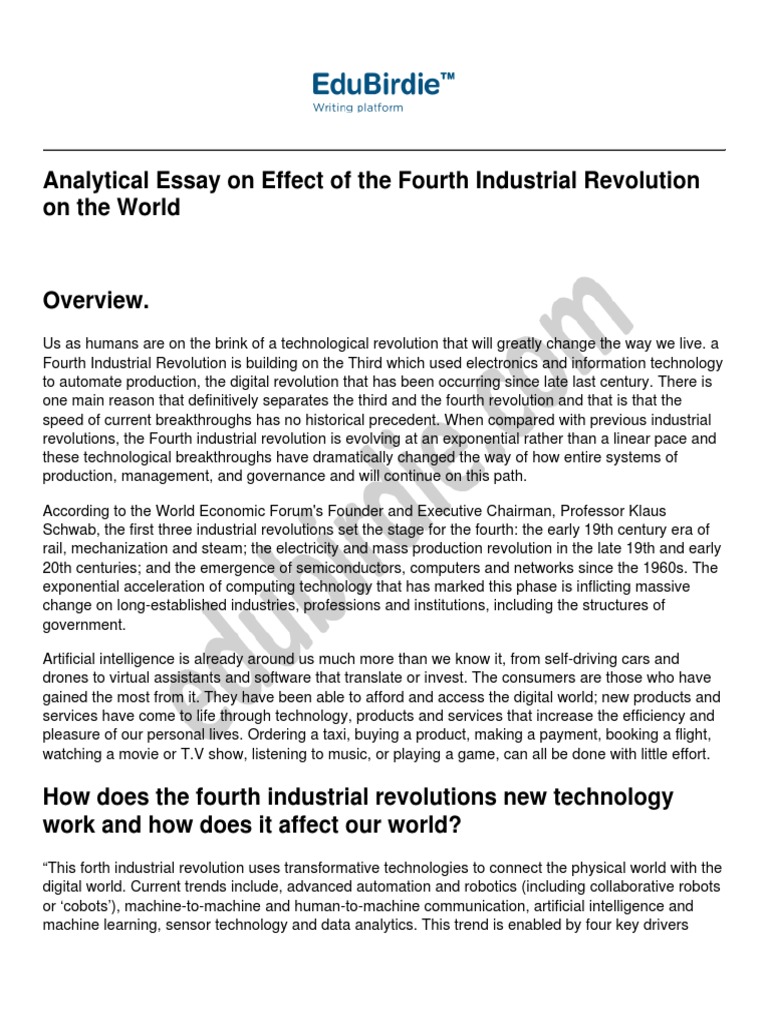 Analytical Essay On Effect of The Fourth Industrial Revolution On The ...