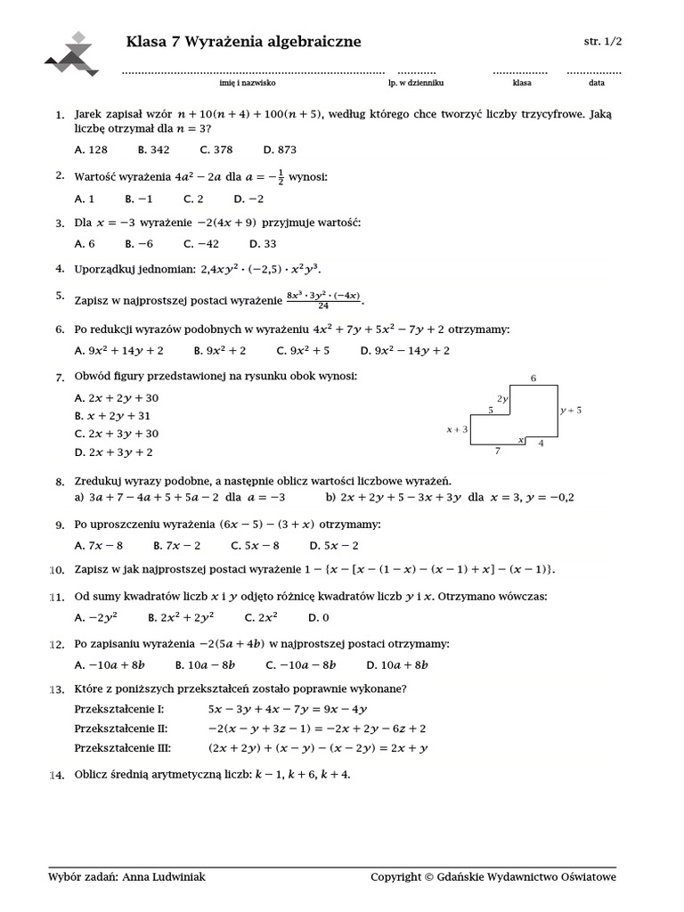 Klasa 7 Wyrażenia Algebraiczne | PDF