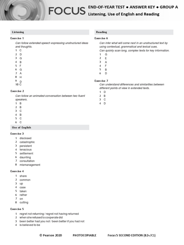 Focus5 2E End of Year Test Listening UoE Reading GroupA B ANSWERS | PDF ...