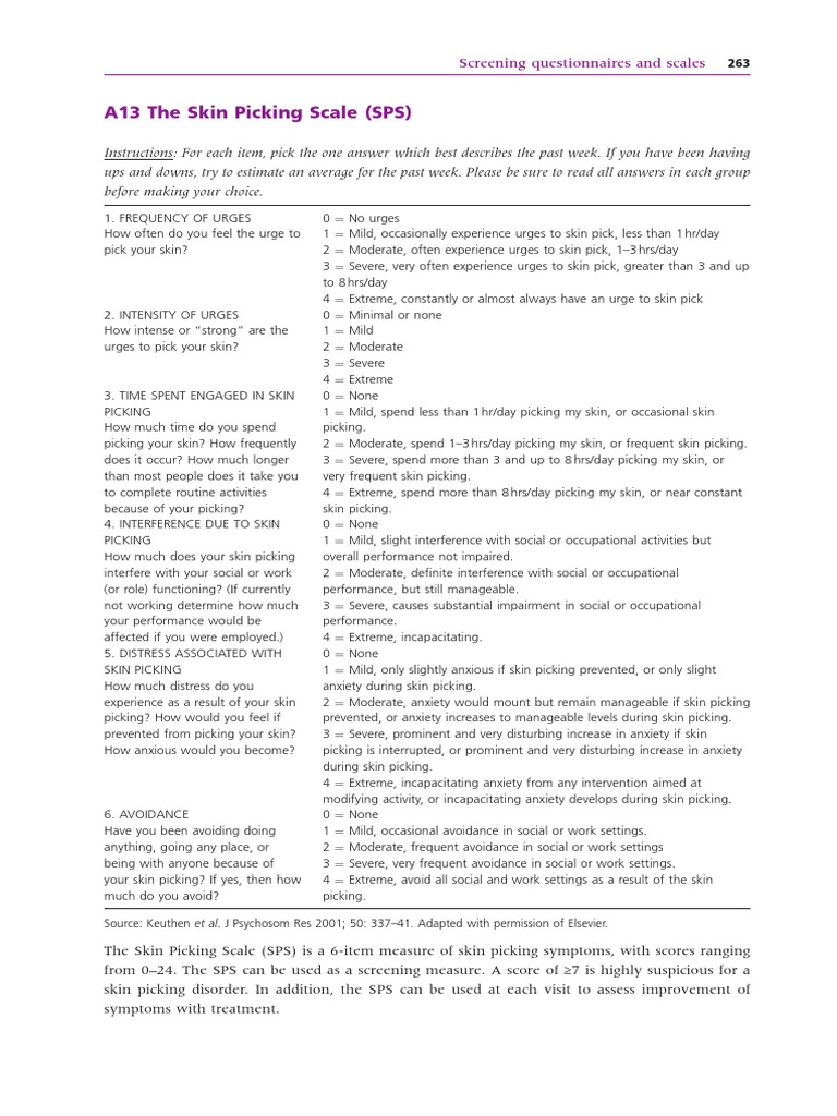 A13 The Skin Picking Scale (SPS) : Screening Questionnaires and Scales | PDF | Anxiety ...