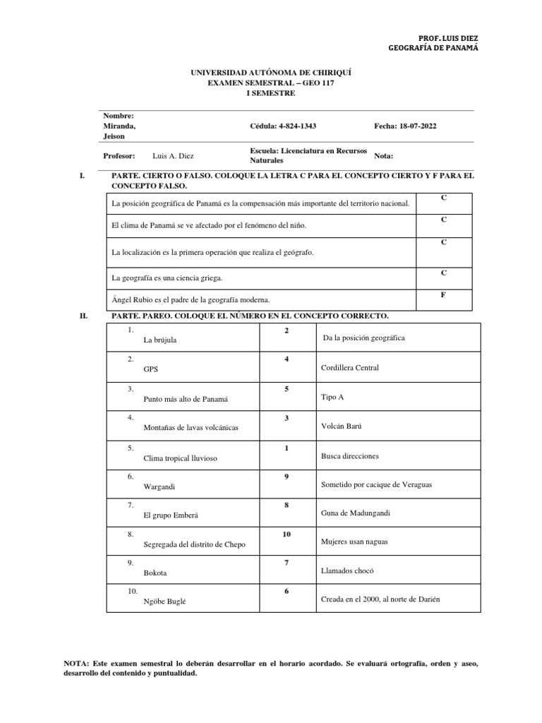 Examen Semestral de Geografía, Jeison Miranda | PDF | Panamá | Migración humana