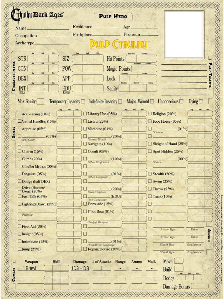CoC7 PC Sheet - Auto-Fill - Dark Ages - Pulp - Color | PDF