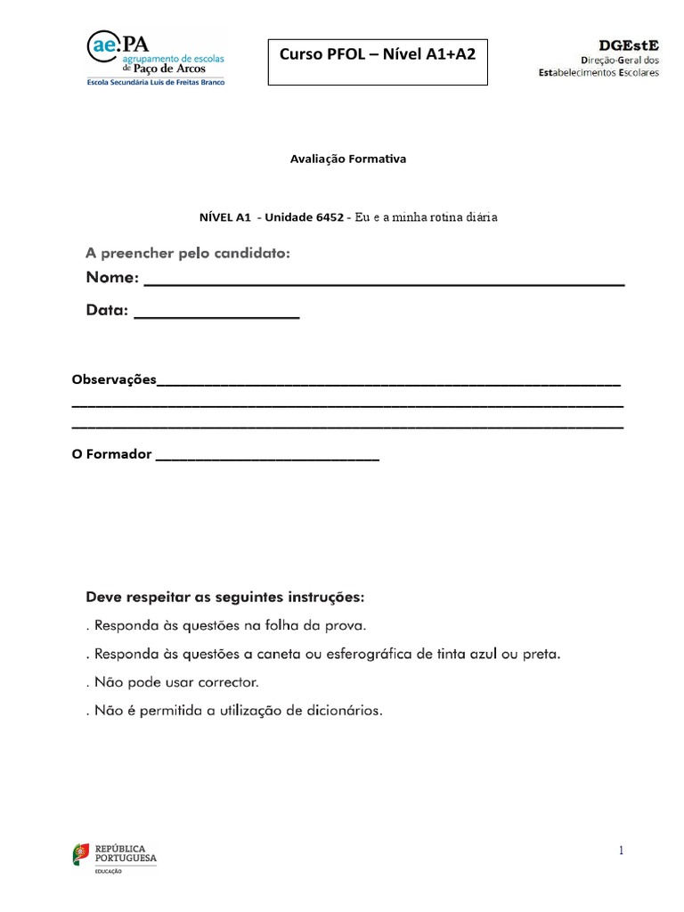 AEPA PFOL Avaliação Formativa 6452 | PDF