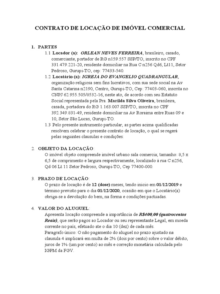 Contrato De Locação De Imóvel Comercial Pdf Aluguel Conceitos