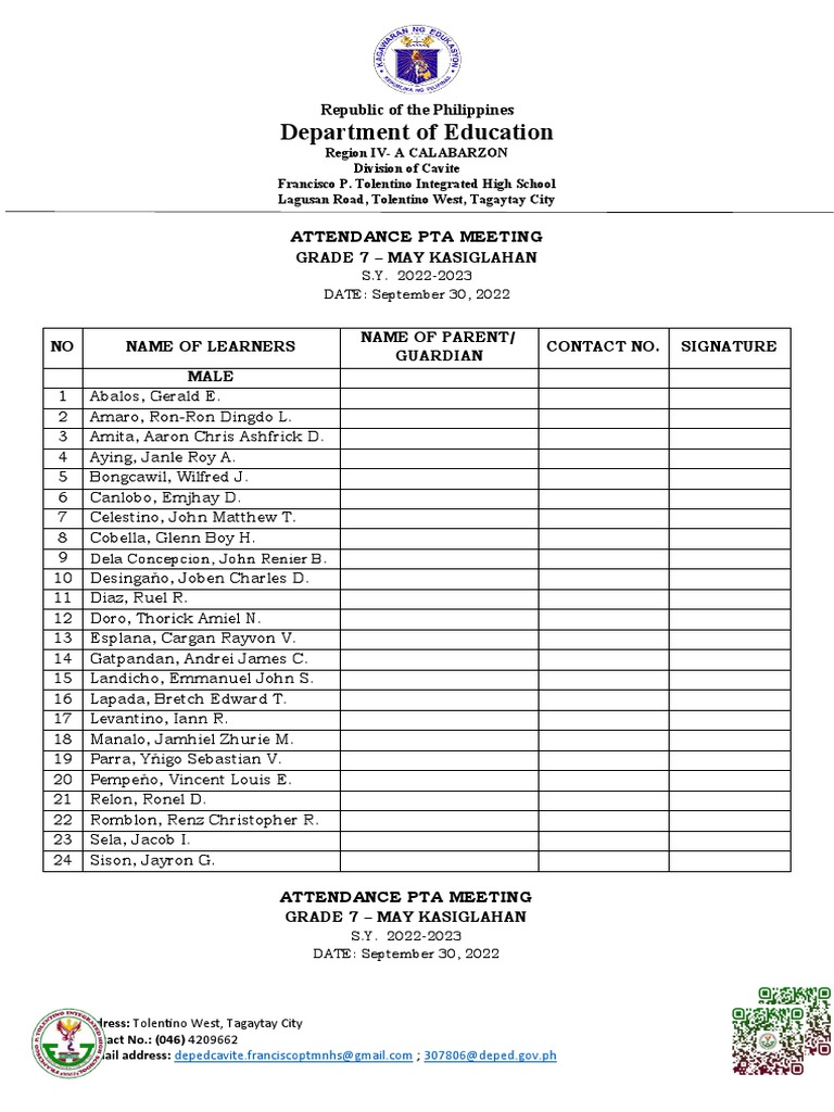 Attendance PTA Meeting | PDF