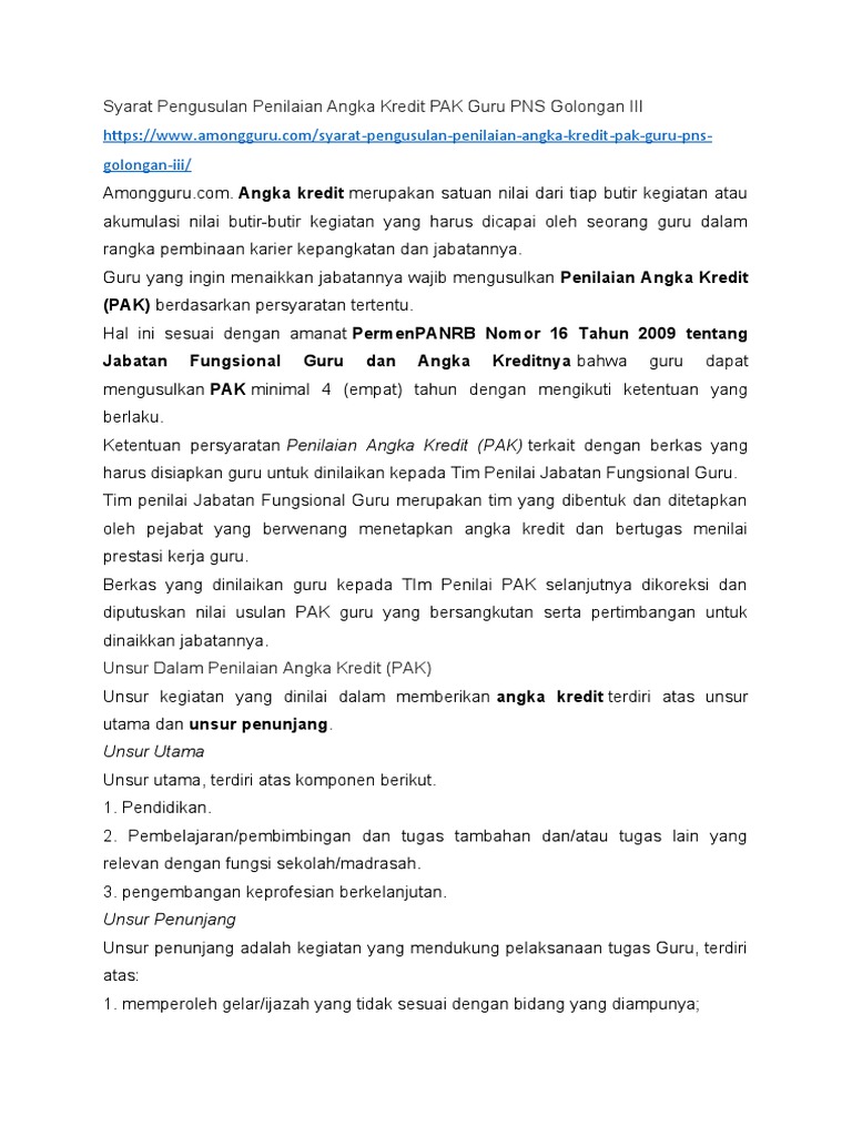 Syarat Pengusulan Penilaian Angka Kredit PAK Guru PNS Golongan III | PDF