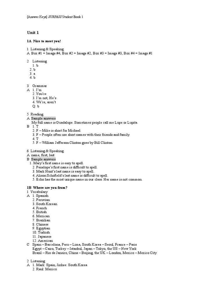 Essential Student Book 1 Answer Key | PDF | Lunch | Minneapolis