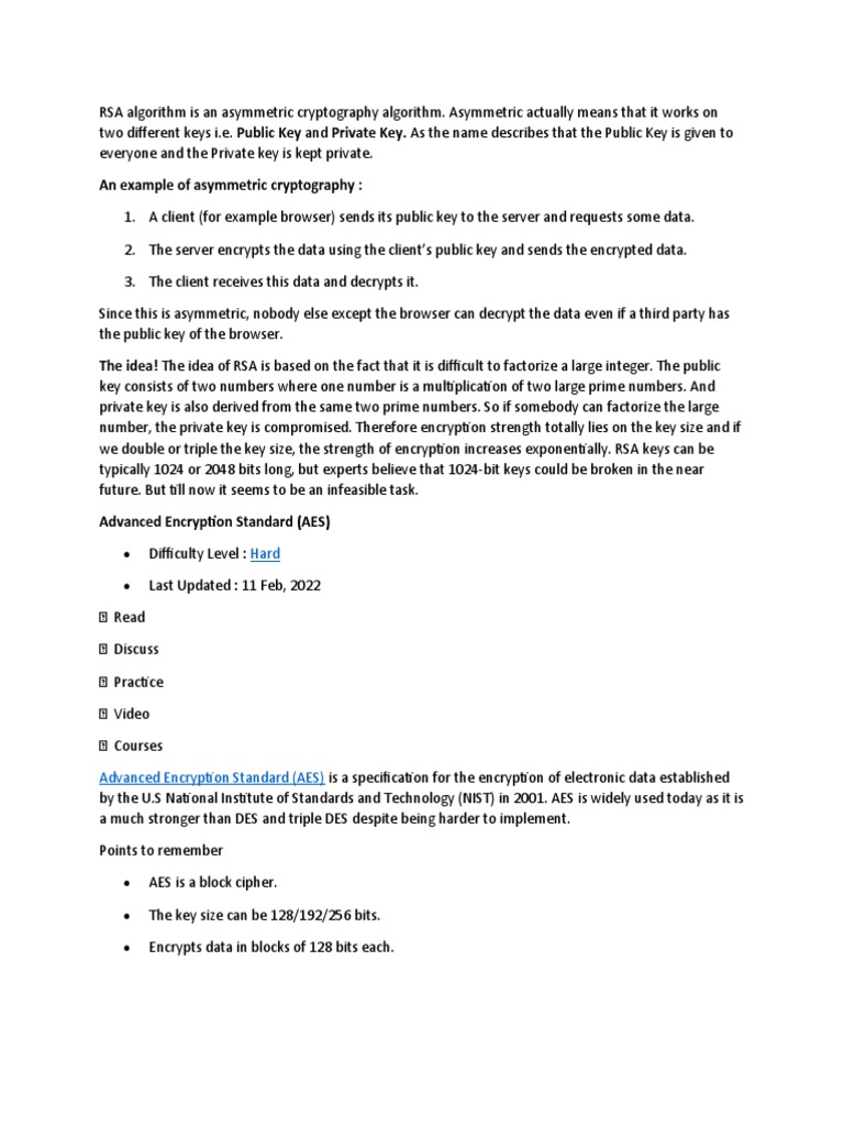 AES Vs RSA | PDF | Key (Cryptography) | Encryption