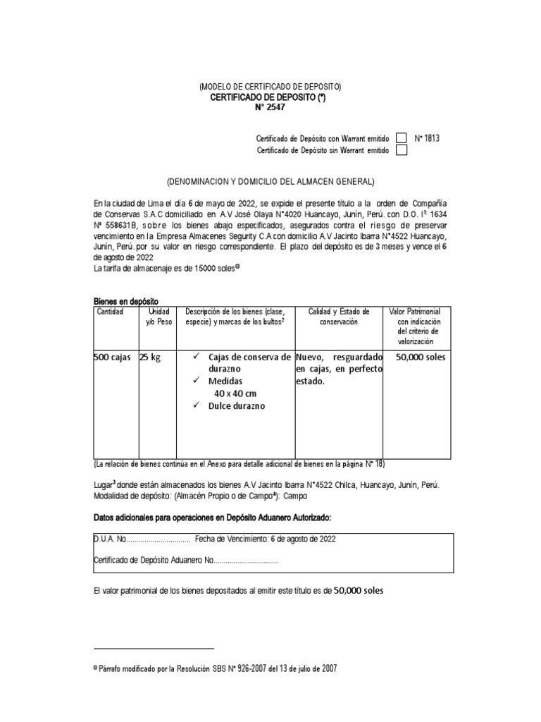 Modelo de Certificado de Deposito | PDF
