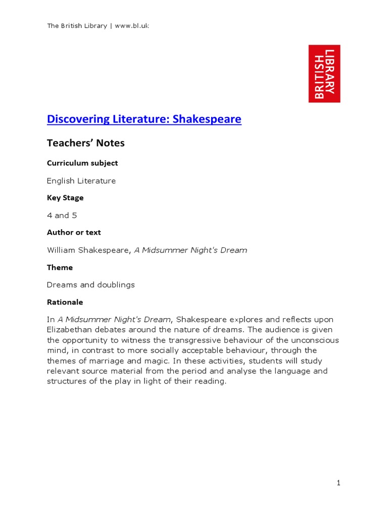 Discovering Literature Teachers Notes Midsummer Nights Dream Updated ...