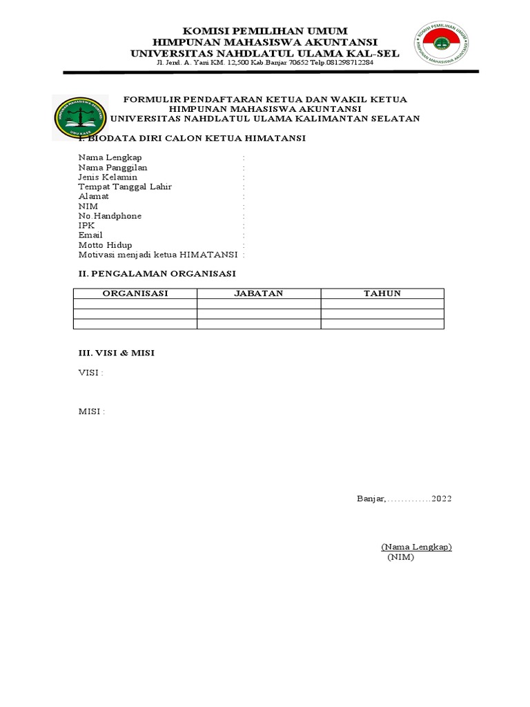 Formulir Pendaftaran Ketua Dan Wakil Ketua | PDF