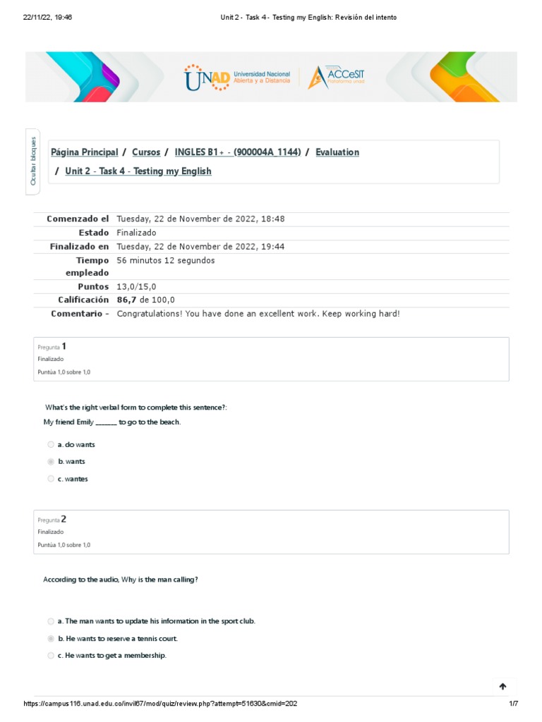 Unit 2 - Task 4 - Testing My English - Revisión Del Intento | PDF ...