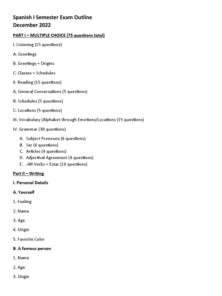 Spanish I MT Outline | PDF | Language Arts & Discipline