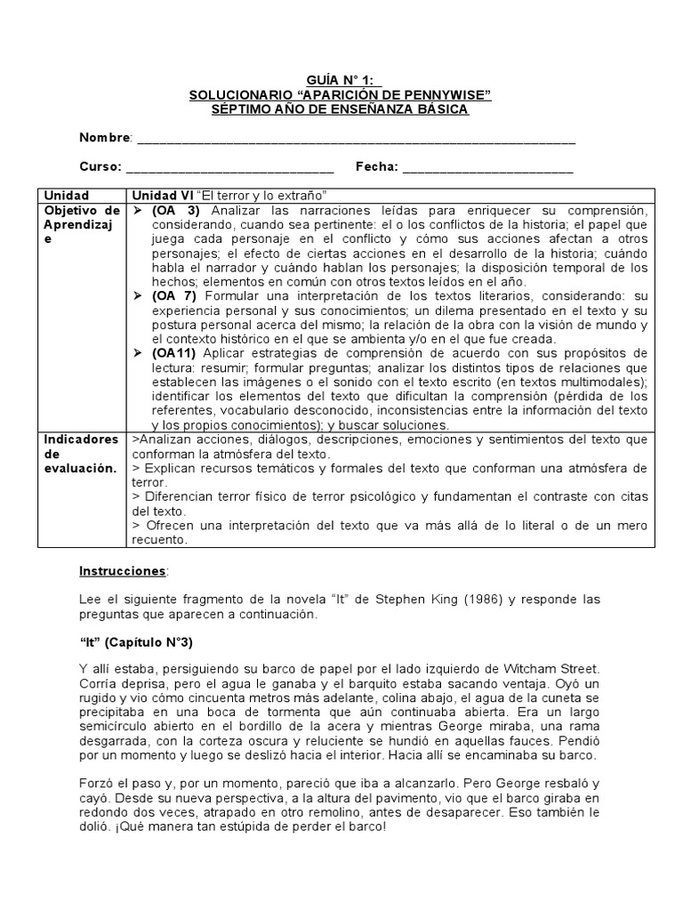 Solucionario Guia 1 Aparicion de Pennywise | PDF | Payaso | Narración