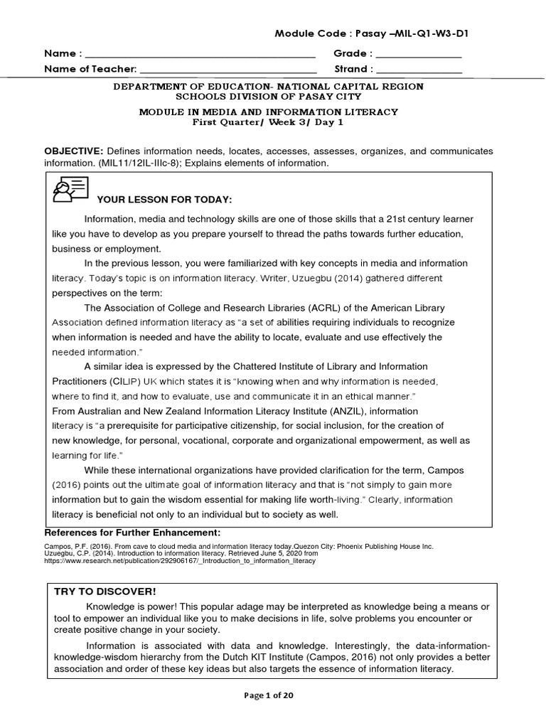 Module Code: Pasay - MIL-Q1-W3-D1 Name: - Grade: - Name of Teacher: - Strand | PDF | Mass Media ...