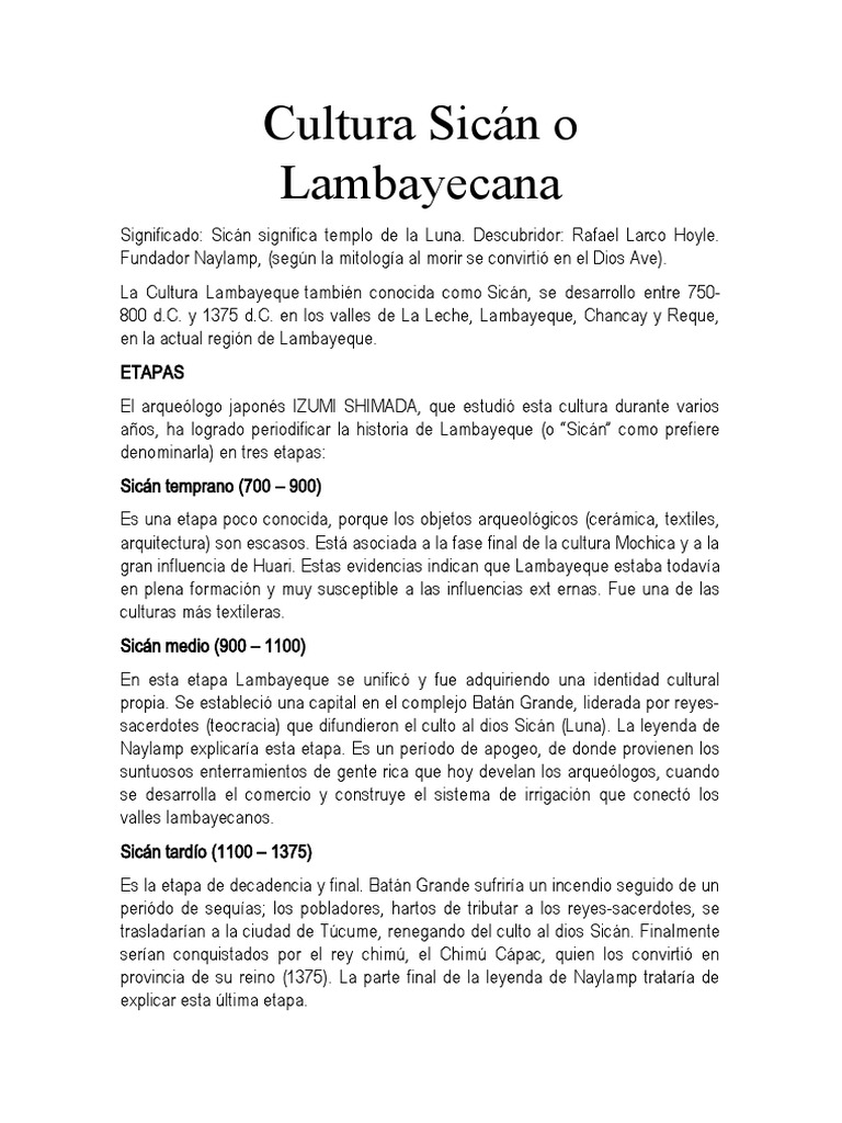Cultura Sicán o Lambayecana | PDF | Geografía cultural | Arqueología