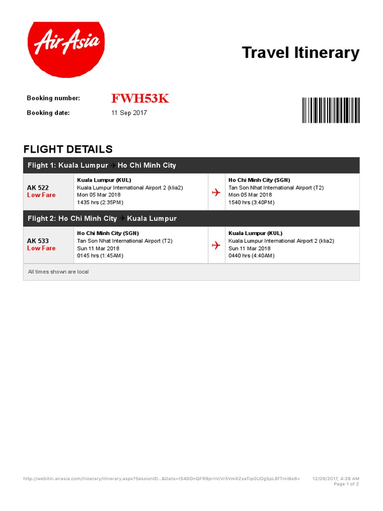 Kuala Lumpur to Ho Chi Minh Itinerary | PDF