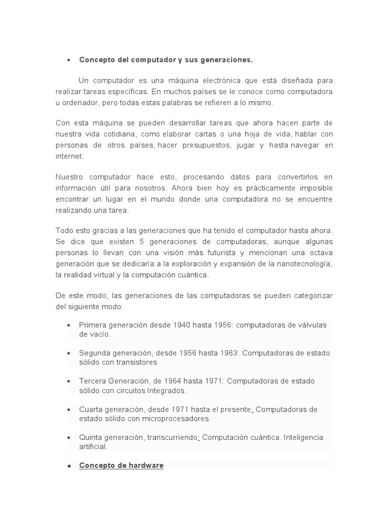 Generaciones Del Computador, Características | PDF | Periférico ...