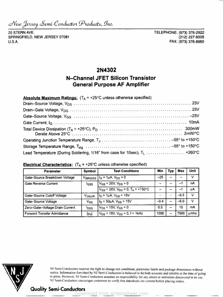 Hoja Datos 2n4302 Jfet Pdf Field Effect Transistor Semiconductors