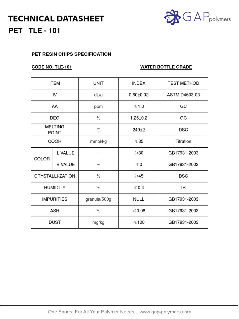 PET Bottle Grade Resin Specifications | PDF