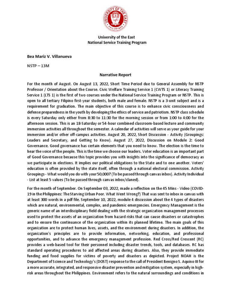 NSTP Narrative Report by Bea Villanueva | PDF | Emergency Management