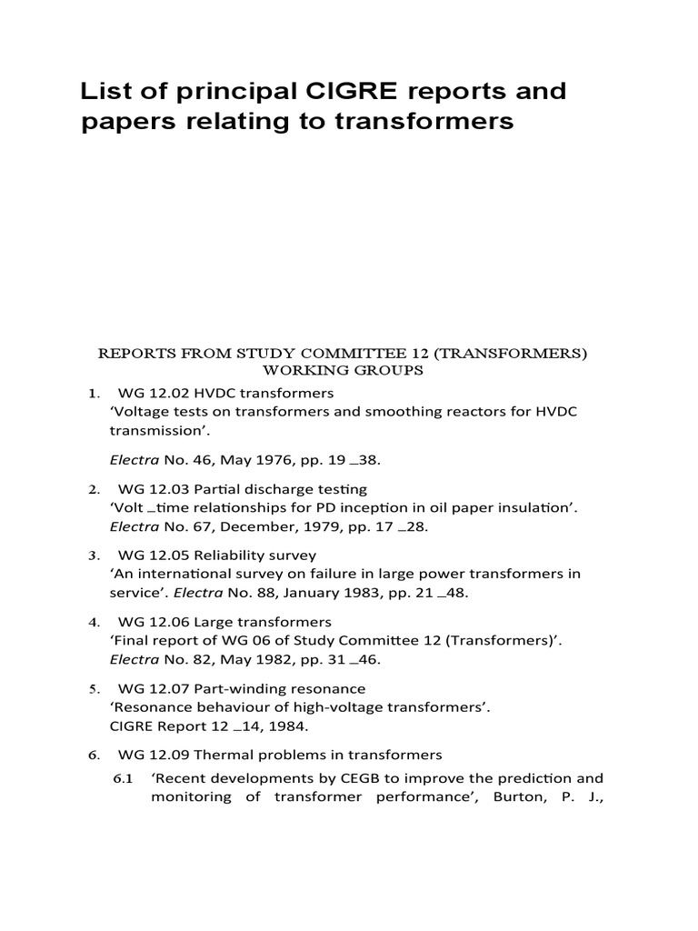 List of Principal CIGRE Reports and Papers Relating To Transformers | PDF | Transformer ...