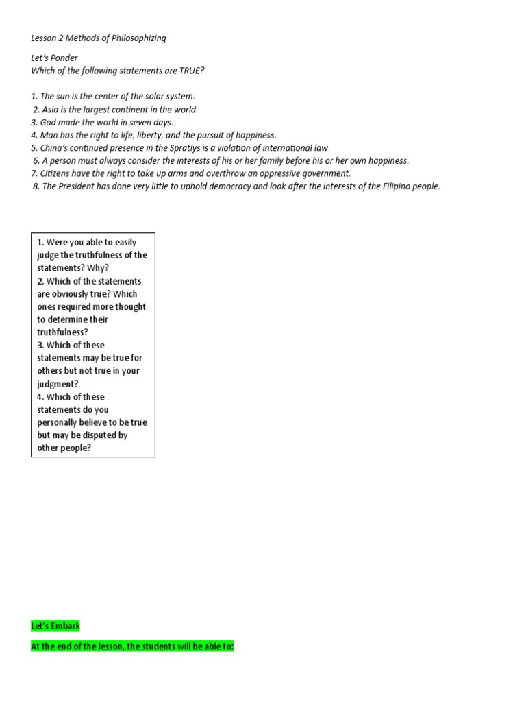 Lesson 2 Methods of Philosophizing | PDF | Truth | Knowledge