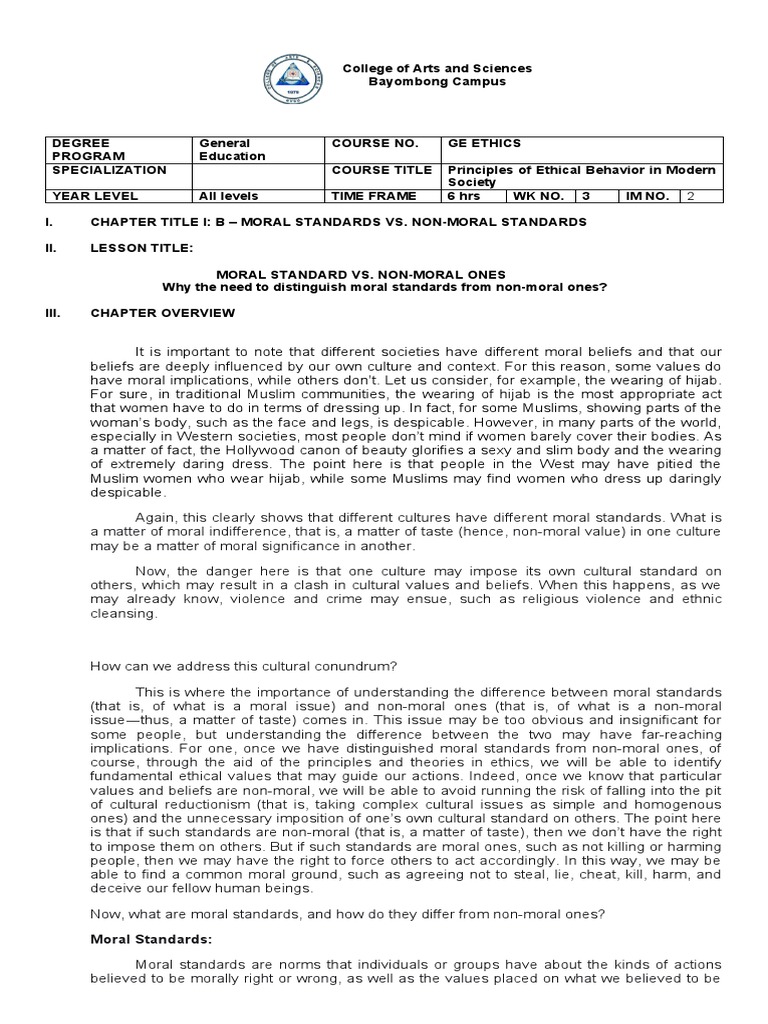 Chapter I B Nvsu Module Template Ge Ethics 2 | PDF | Morality | Organ ...