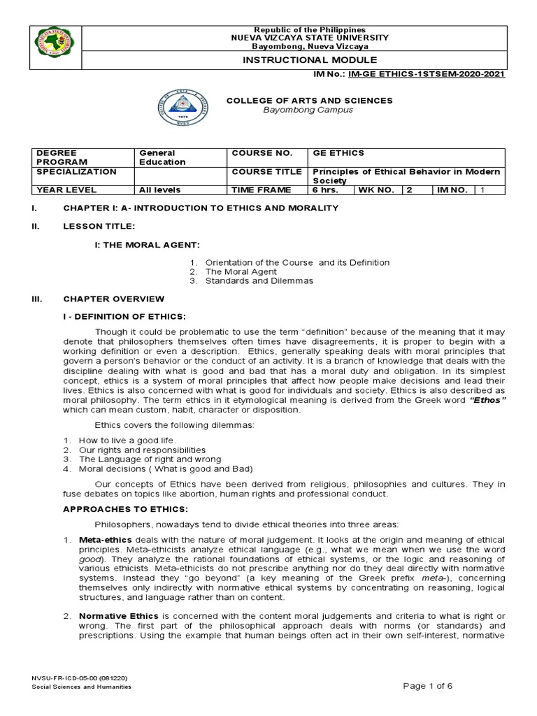 Chapter I I A Nvsu Module Template Ge Ethics3 Final Pdf Morality