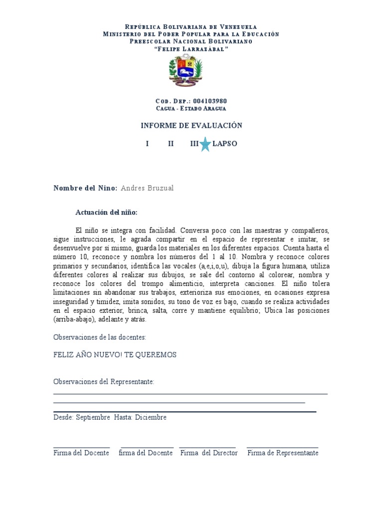 Boletas 2015 1er Lapso | PDF | Educación de la primera infancia | Venezuela