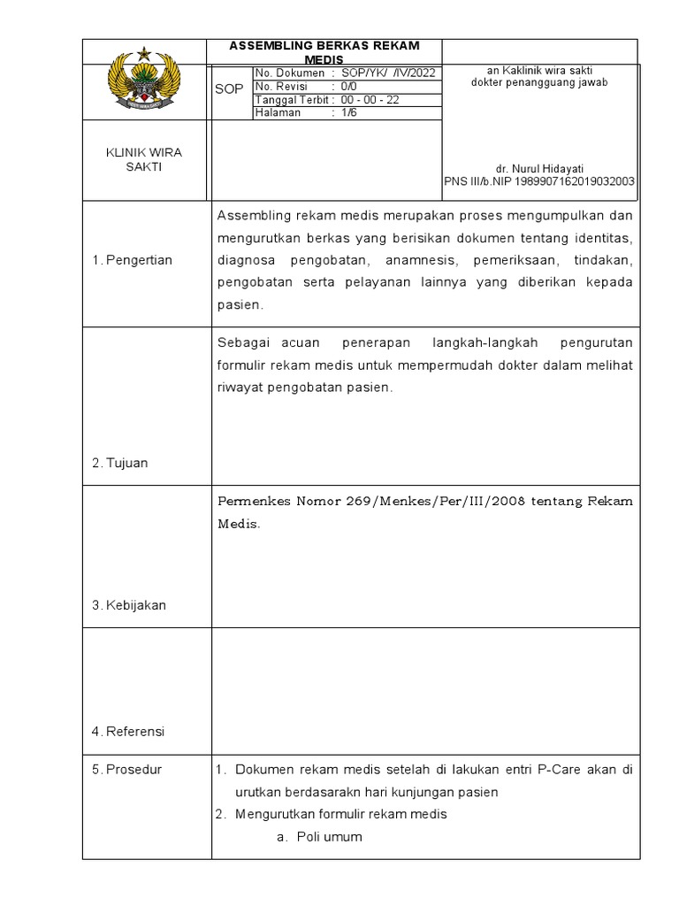 SOP Assembling Rekam Medis | PDF