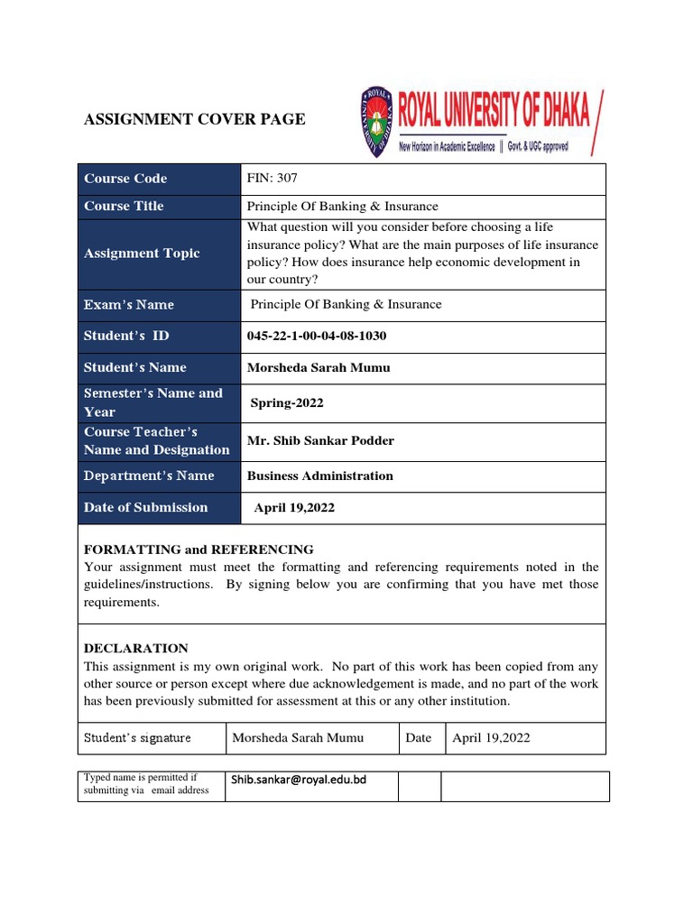 Assignment Cover Page: Course Code Course Title | PDF | Life Insurance ...
