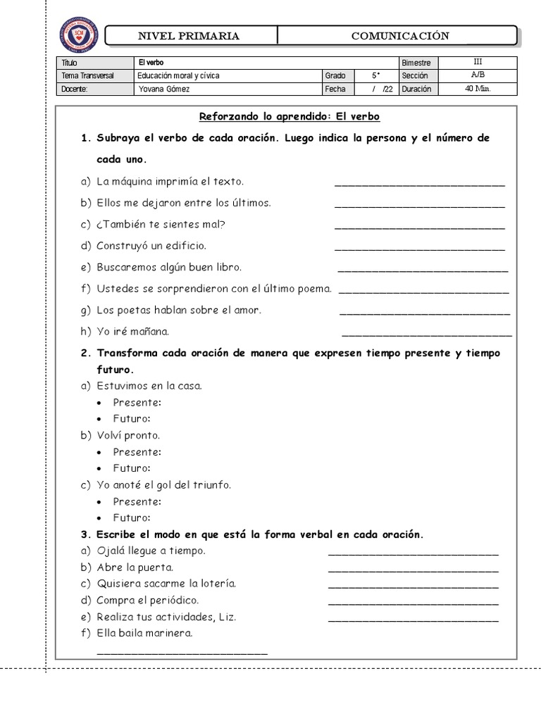El Verbo 5 Ficha Pdf Verbo Mecánica Del Lenguaje