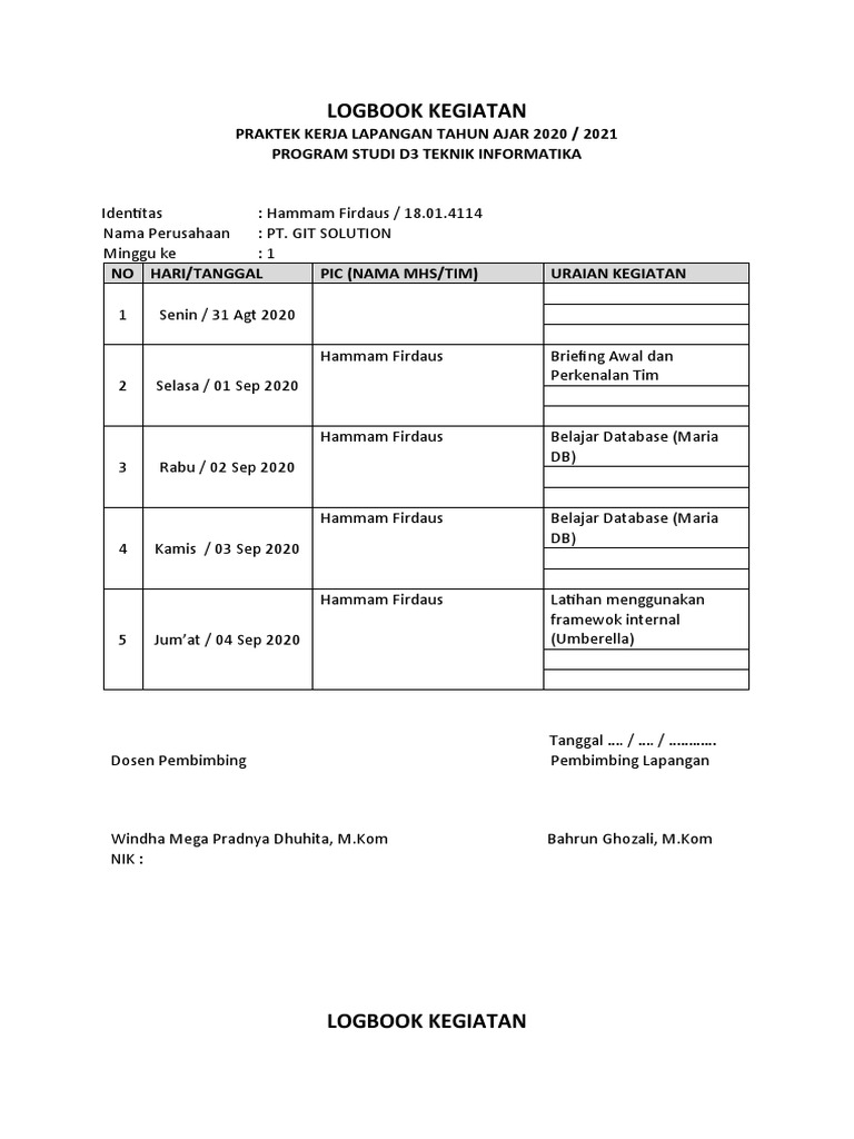 Logbook Kegiatan Harian-Mingguan Magang | PDF
