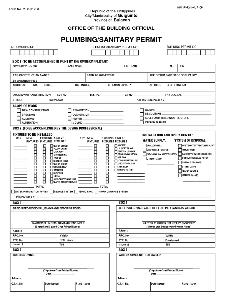 Plumbing Sanitary Permit Form | PDF | Sanitation | Plumbing