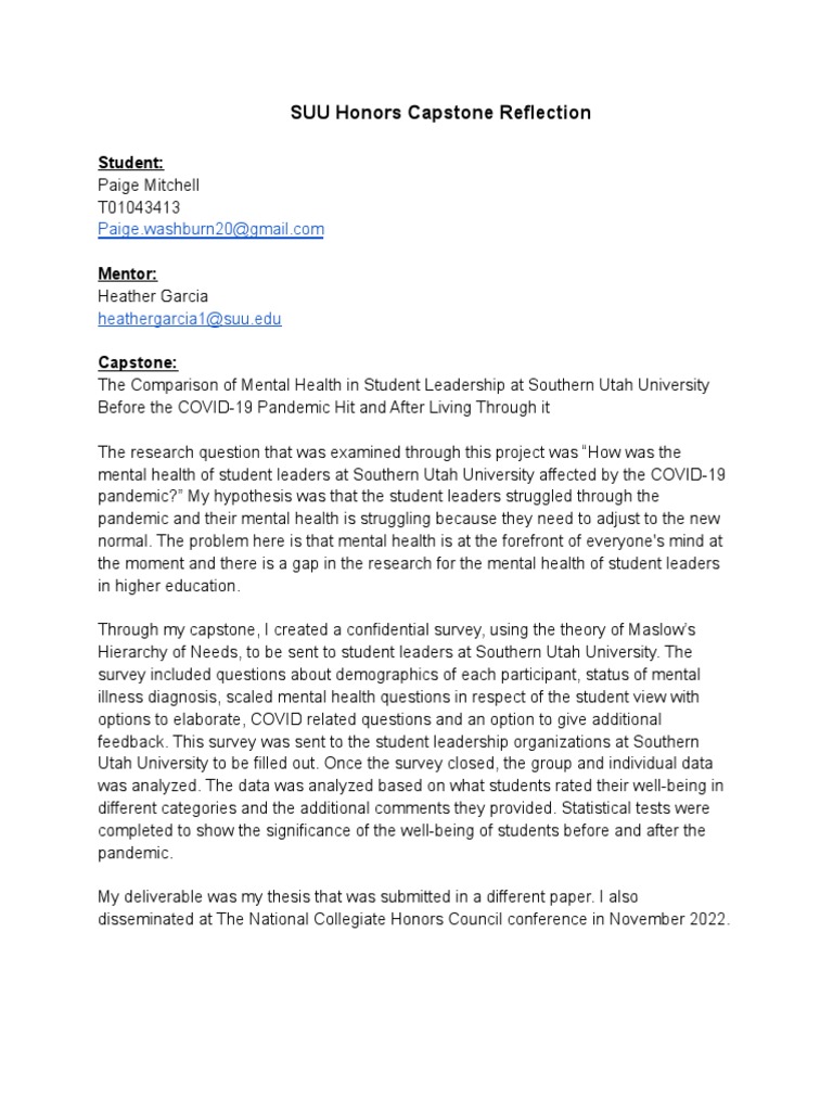 Honr 4040 Capstone Reflection | PDF | Mental Health | Leadership