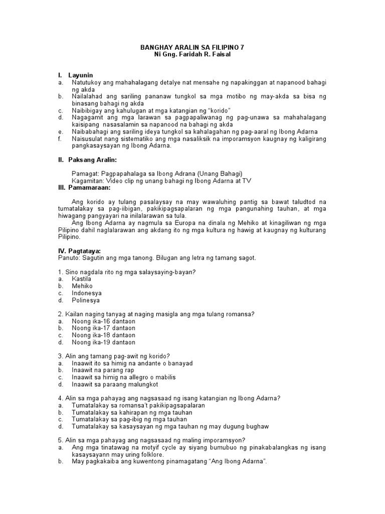 Banghay Aralin Sa Filipino 7.Q4 | PDF