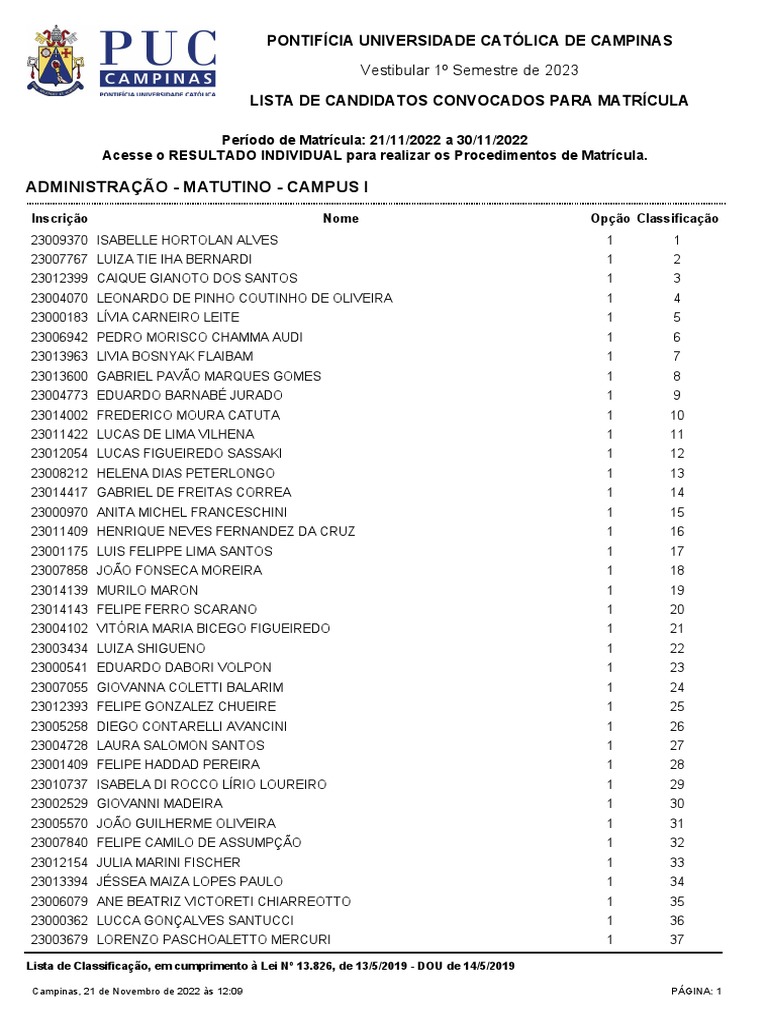 PUCC Campinas lista de candidatos convocados para Administração ...