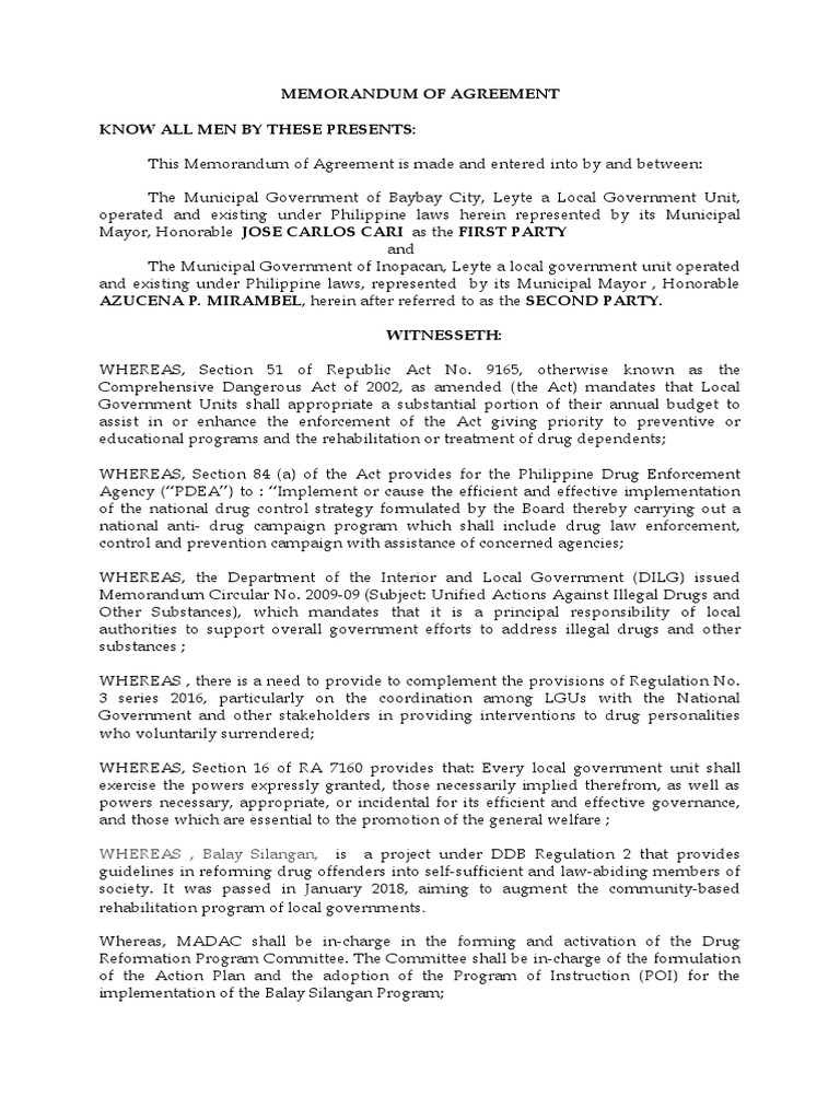MEMORANDUM OF AGREEMENT - Balay Silangan | PDF | Drug Rehabilitation ...