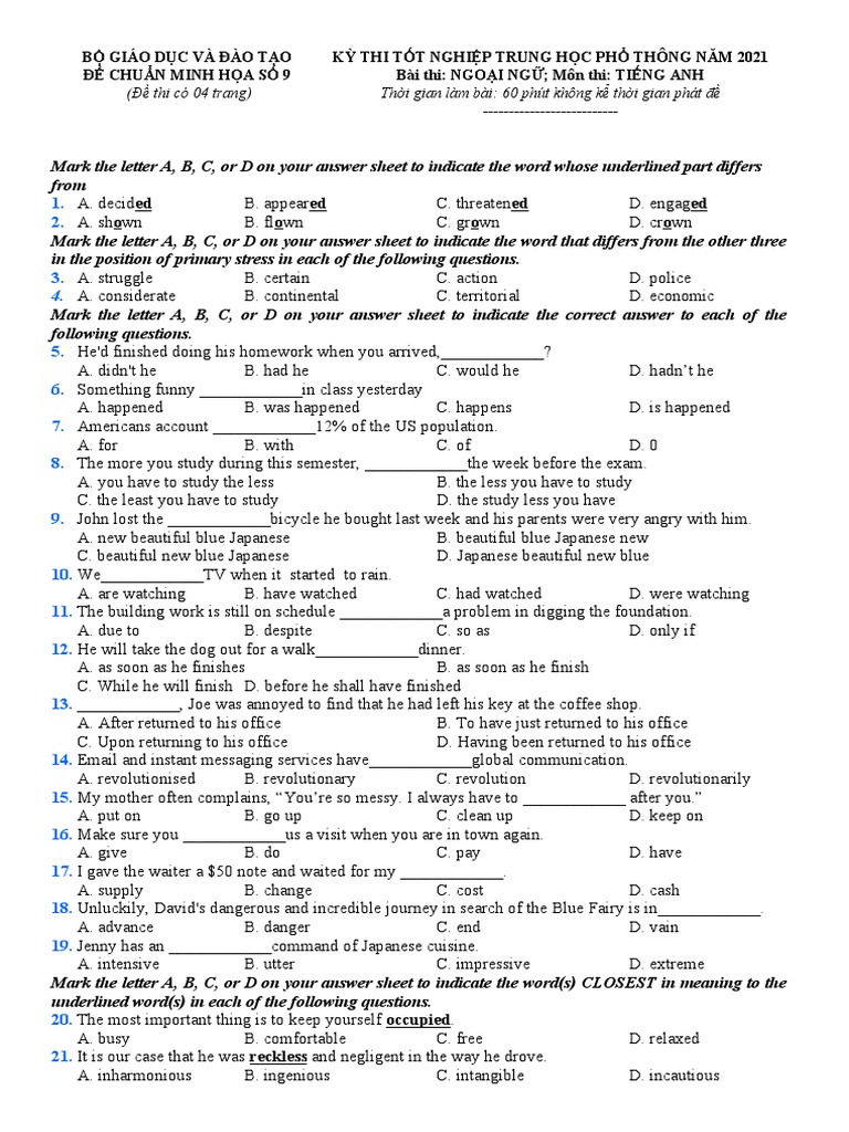 Vietnamese high school graduation exam 2021 reading comprehension ...