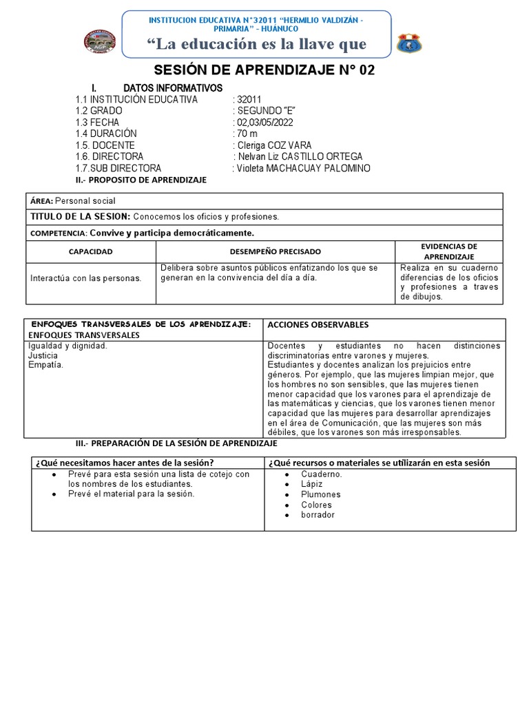 Sesión de Aprendizaje N°02 Pers | PDF | Maestros | Sicología