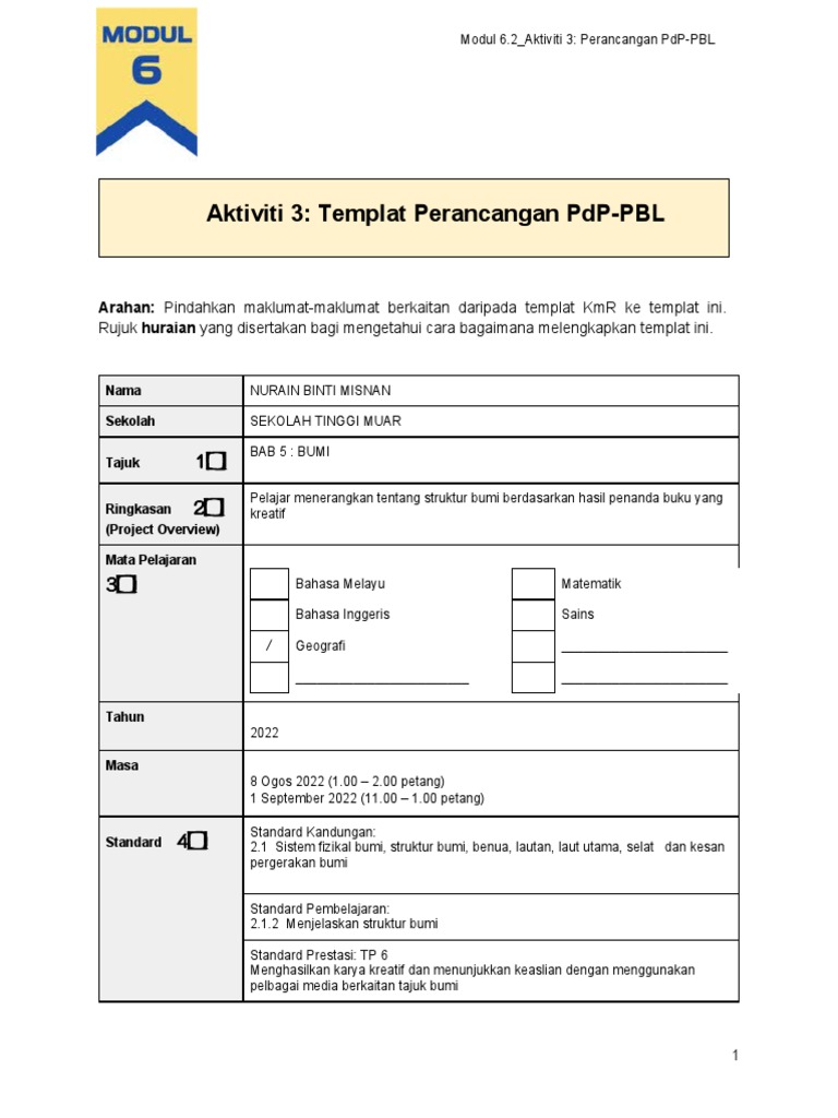 Toolkit 6.2 - Aktiviti 3 Templat Perancangan PDP-PBL (GF) | PDF